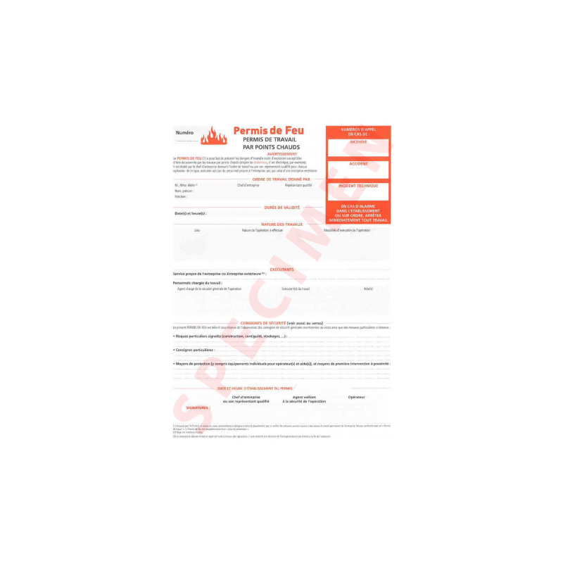 Carnet de permis de feu - Bloc de 50 exemplaires